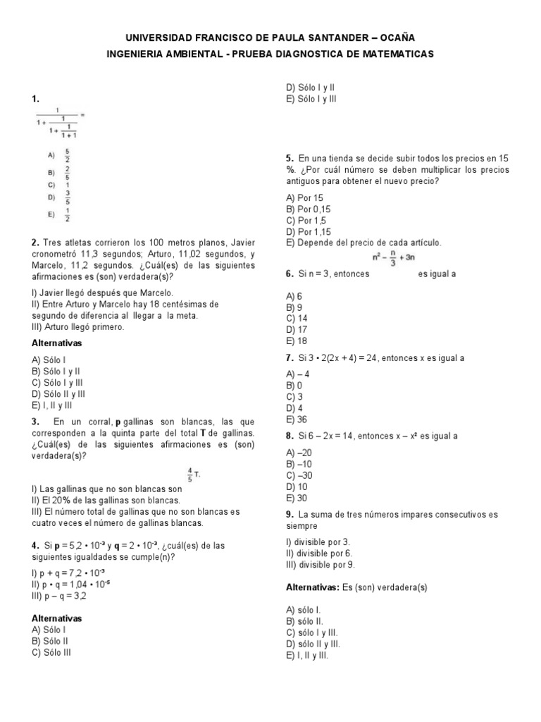 Prueba Diagnostic A Ing. Ambiental | PDF | Enseñanza de matemática | Objetos matemáticos
