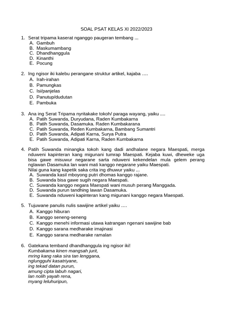 Rev Latihan Soal Psaj B.jawa Kelas Xii 2024 | PDF