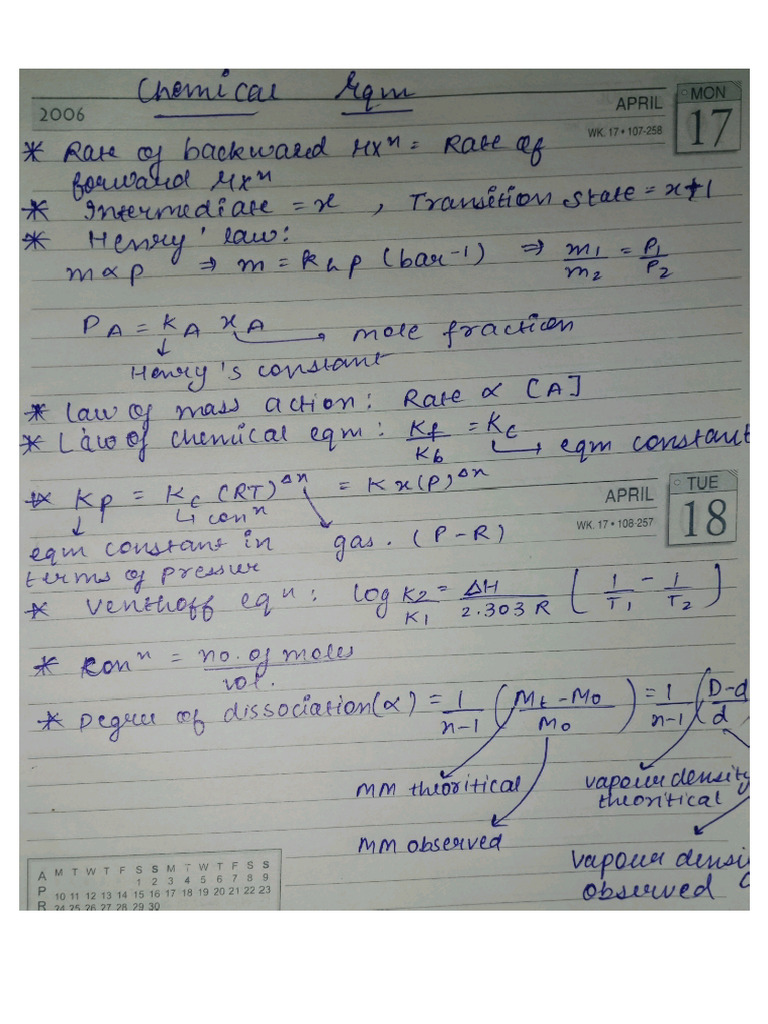 Chemical Eqm - Formulas | PDF