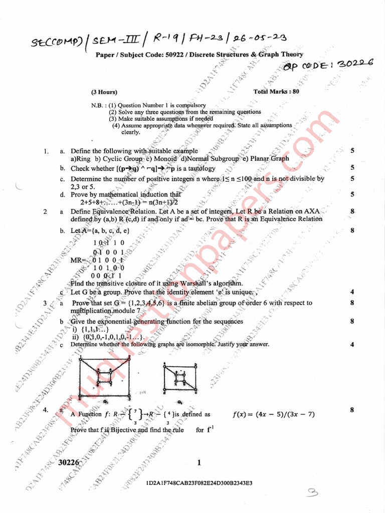 Be Computer Engineering Semester 3 2023 May Discrete Structures and Graph Theoryrev 2019 C ...