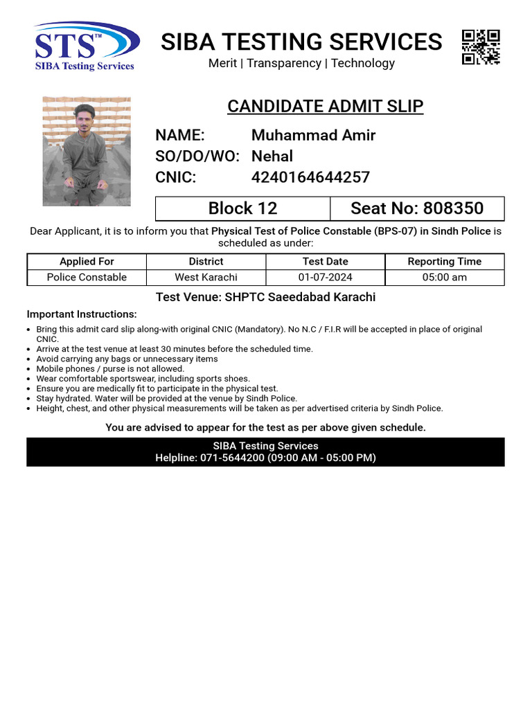 Siba Testing Services: Candidate Admit Slip | PDF