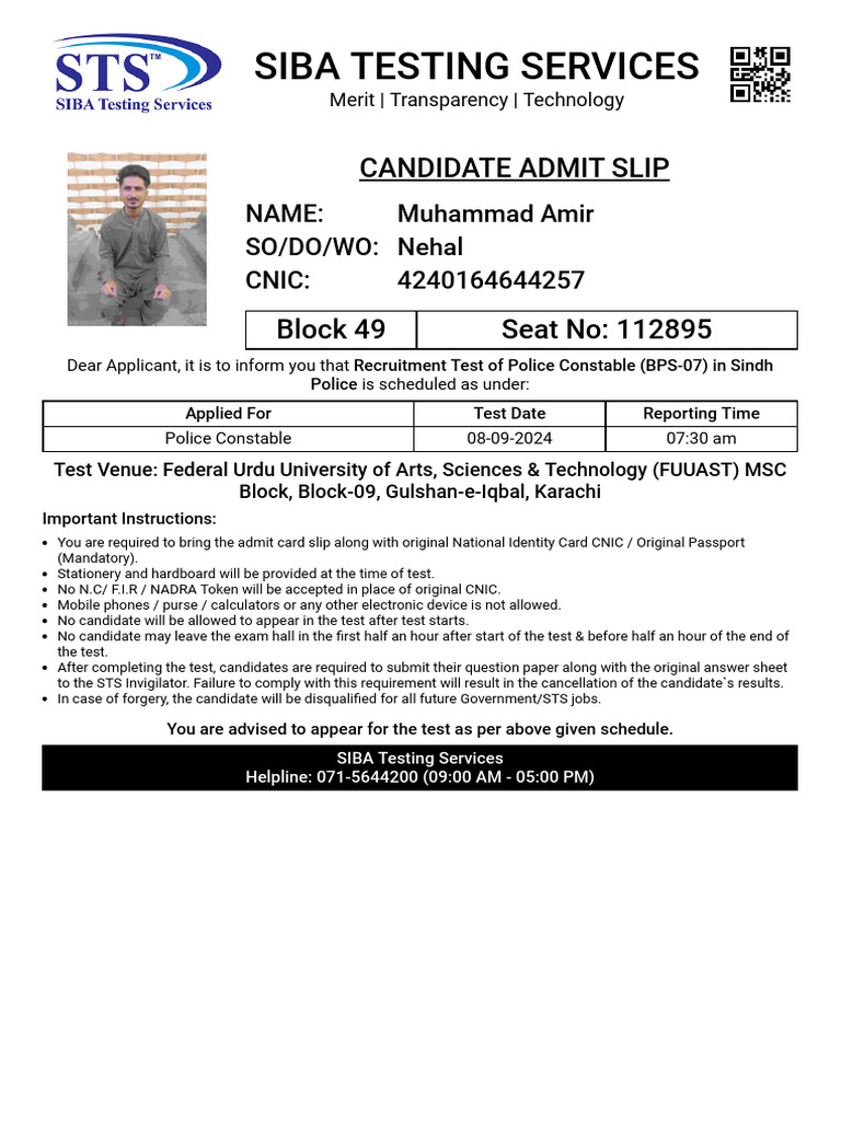 Siba Testing Services: Candidate Admit Slip | PDF