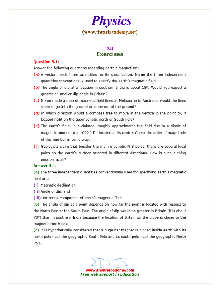 12-Physics-NcertSolutions-chapter-5-exercises | PDF | Earth's Magnetic ...