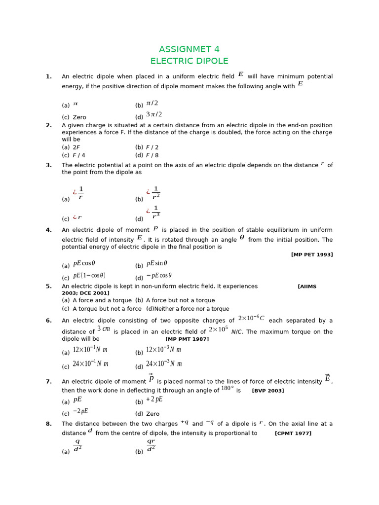 Assignmet 4 Electric Dipole Class 12TH | PDF | Dipole | Electric Field