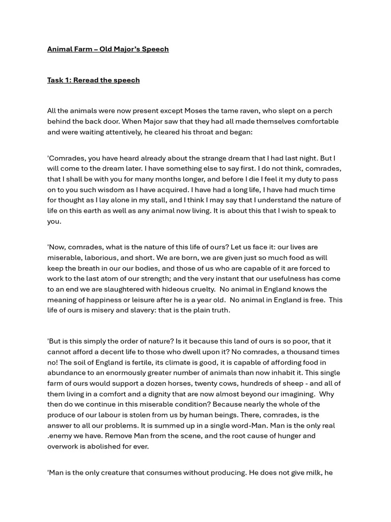 Animal Farm - Old Major Speech Analysis | PDF | Chicken