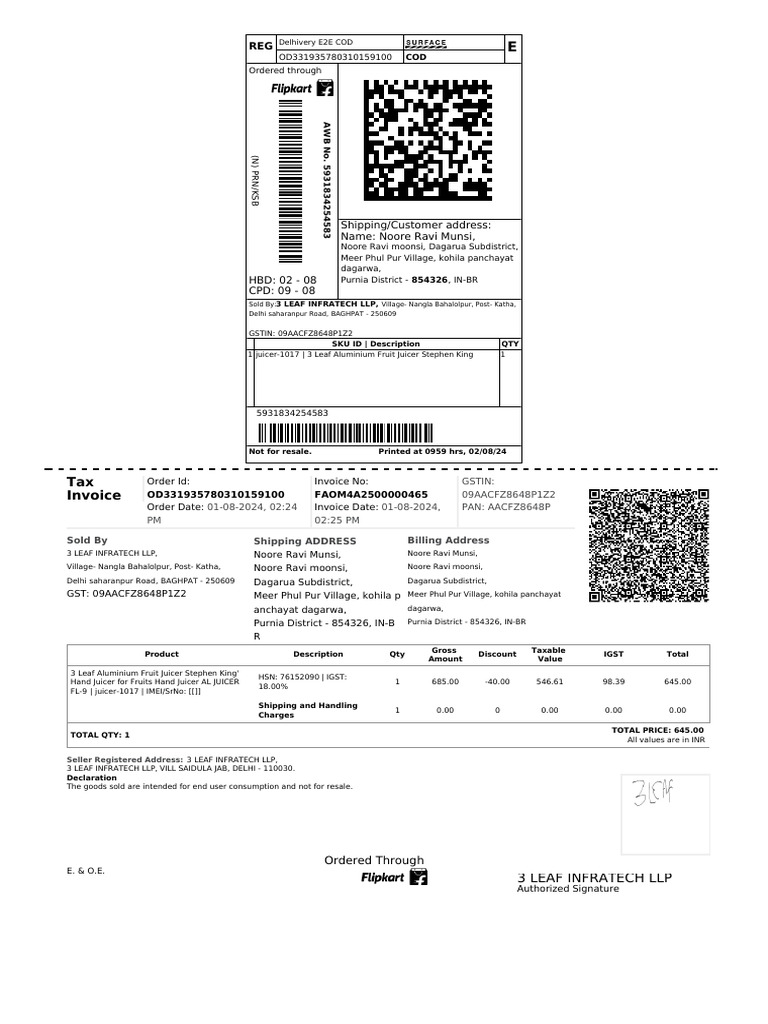Delhivery COD Invoice for Juicer Order | PDF | Taxes | Economy Of India
