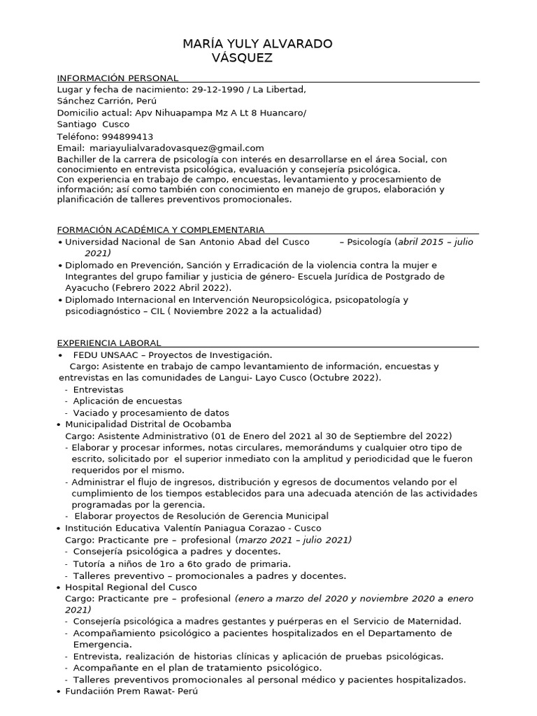 CV María Yuly Alvarado AC | PDF | Sicología
