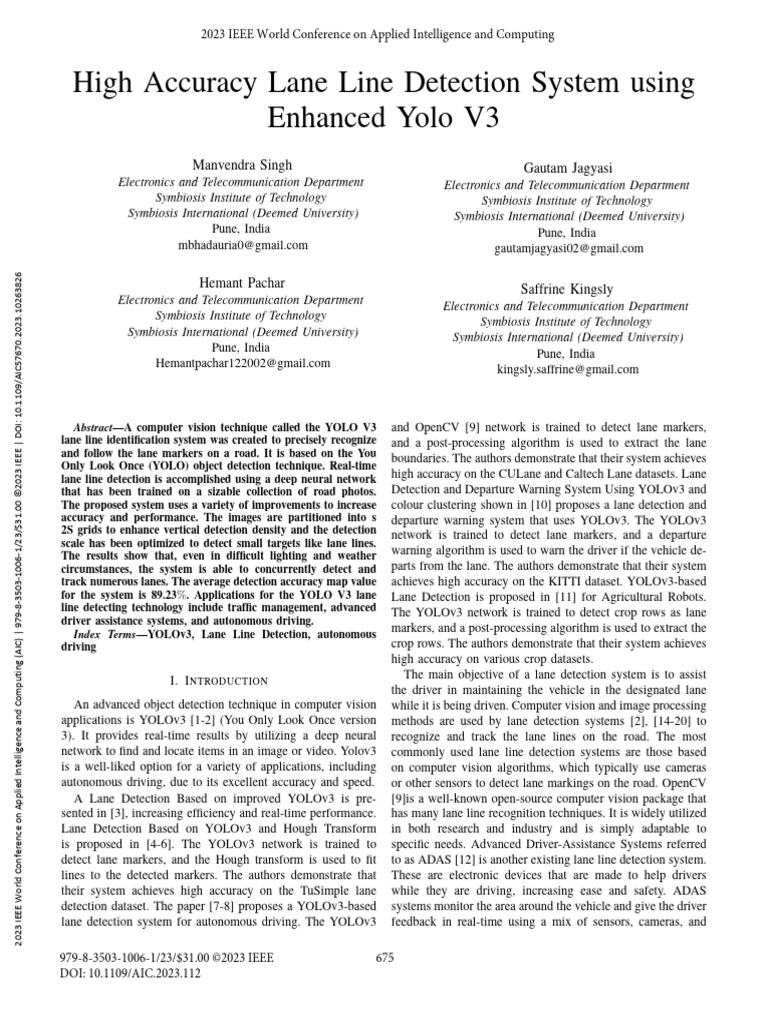 High Accuracy Lane Line Detection System Using Enhanced Yolo V3 | PDF | Traffic Collision ...