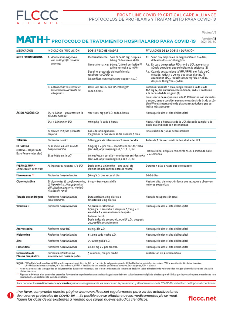 FLCCC Alliance MATHplus Protocol ESPANOL | PDF | Oxígeno | Inflamación