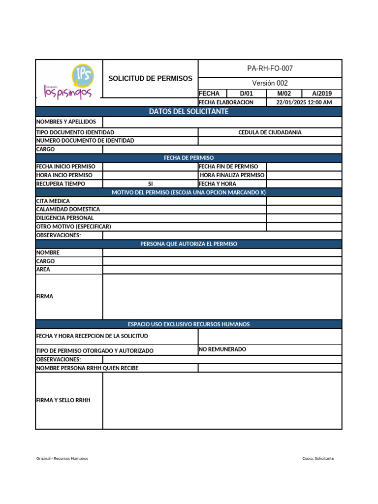 Solicitud de Permisos Pa RH Fo 007 | PDF