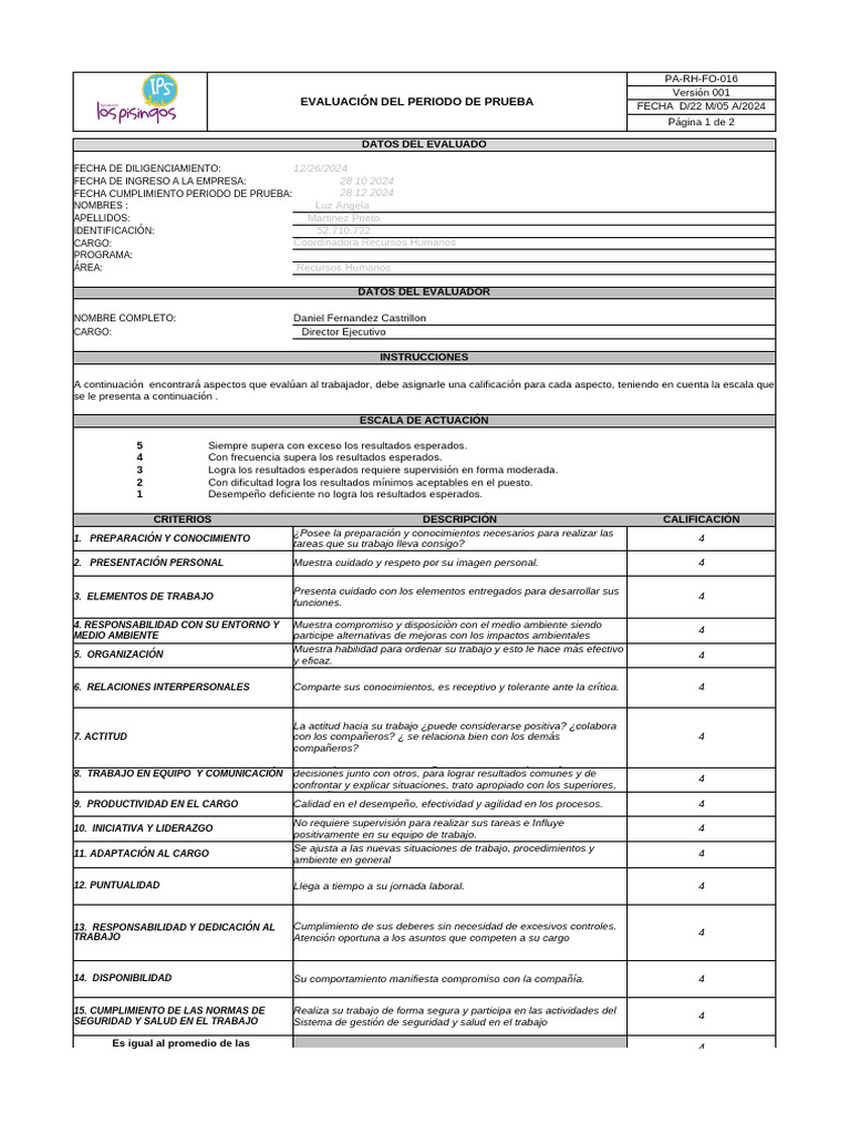PA-RH-FO-016 Evaluacion Periodo de Prueba | PDF | Gestión de recursos humanos | Evaluación