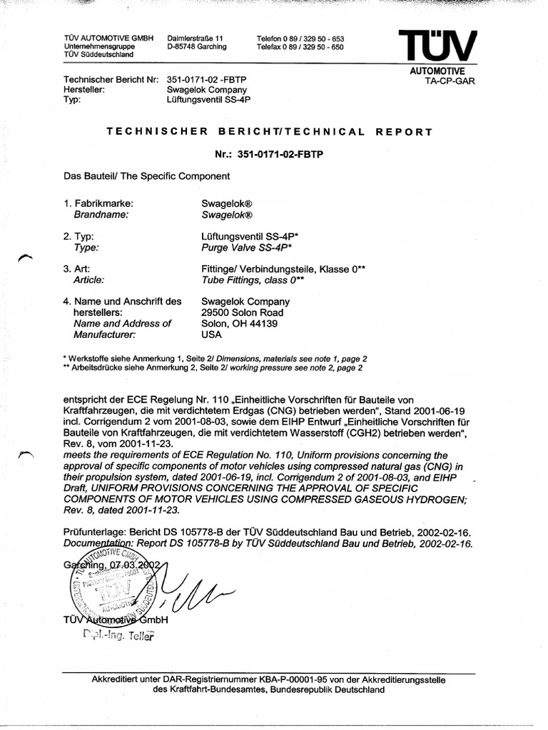 Informe Técnico ECE-R110 Sobre Tapones de Purga Serie 4P | PDF