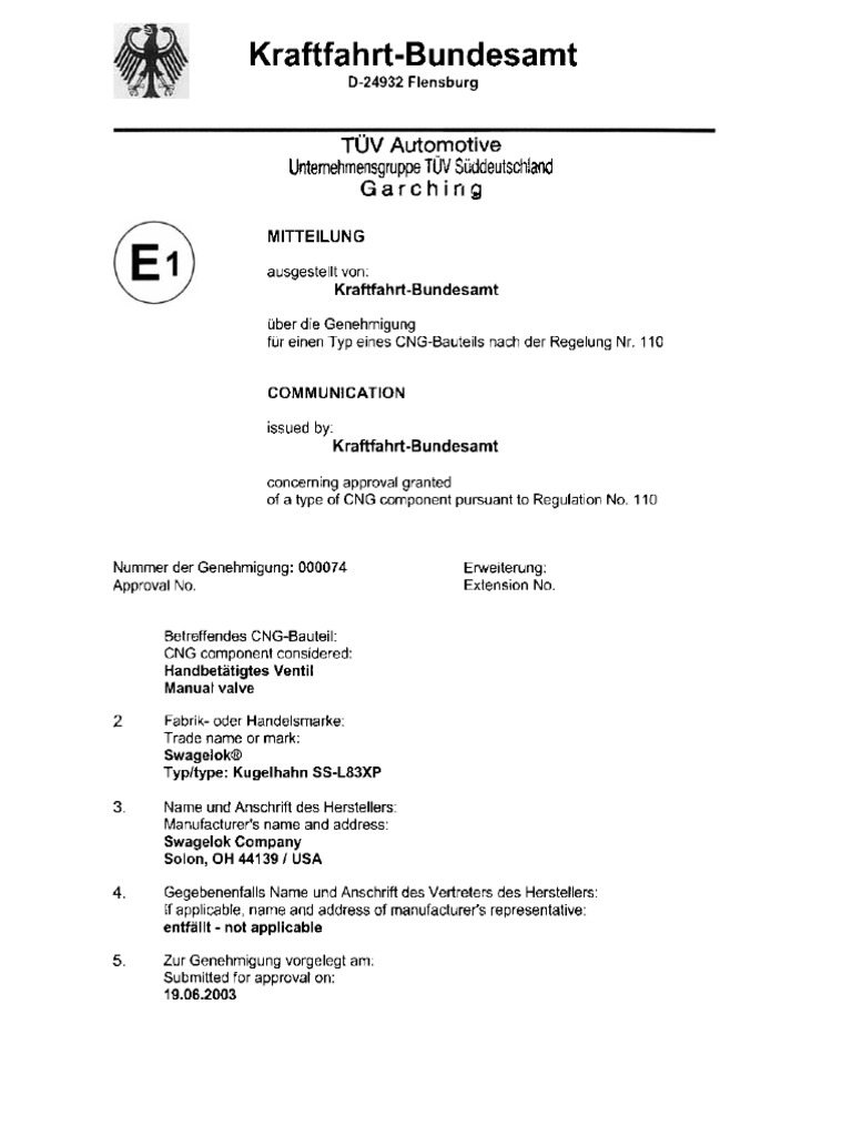 Aprobación ECE-R110 para Válvula de Bola de 3 Vías Serie L83XP | PDF