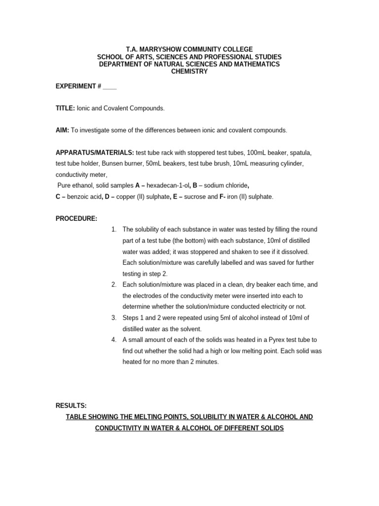 Ionic vs Covalent Compounds Experiment | PDF | Chemical Compounds ...