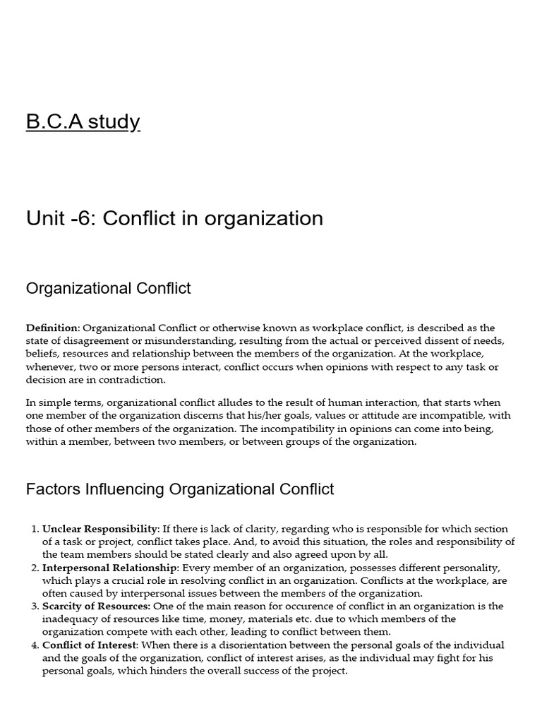 Unit - 6 - Conflict in Organization - B.C.A Study | PDF | Conflict ...