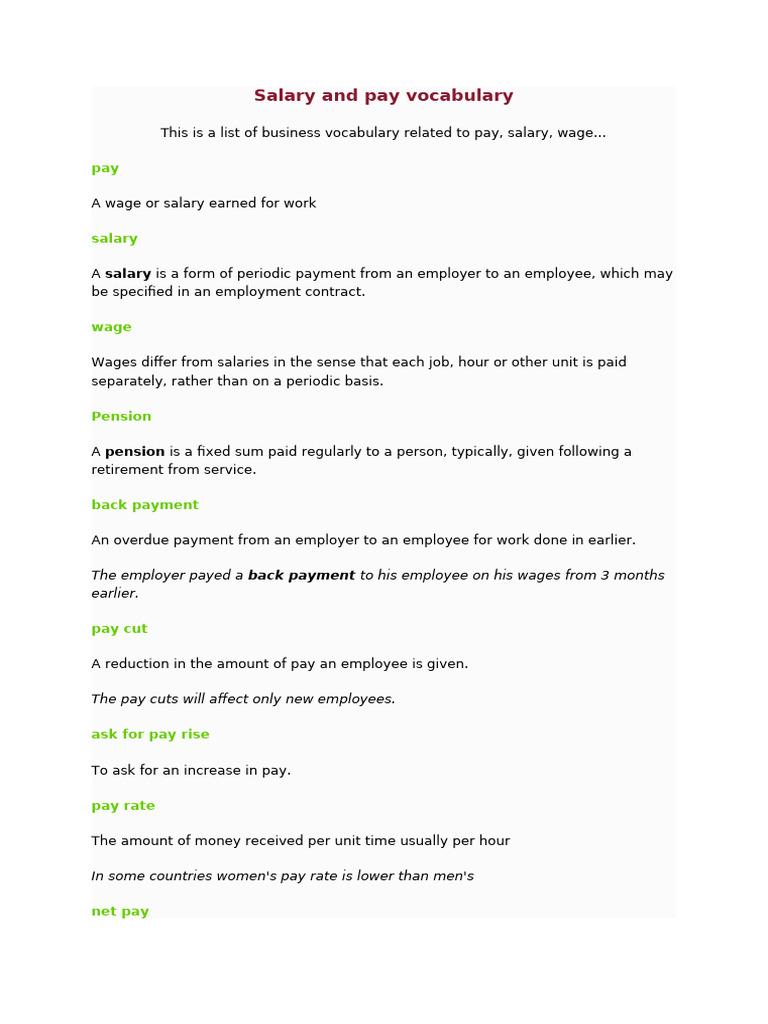 Salary and Pay Vocabulary | PDF | Cost Of Living | Salary