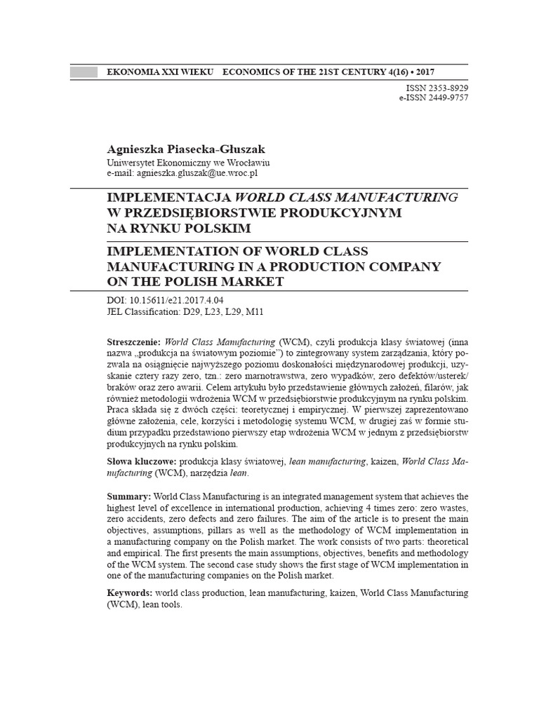 Piasecka-Gluszak Implementacja World Class Manufacturing | PDF