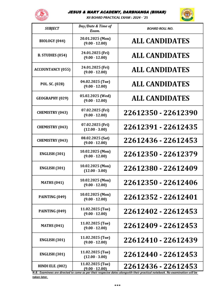 XII Board Practical Exam Schedule | PDF | Vocational Education ...