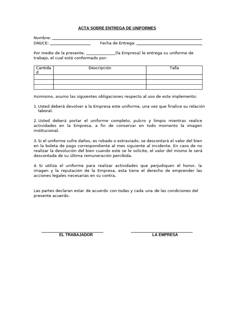 Acta De Entrega De Uniformes Laborales Pdf
