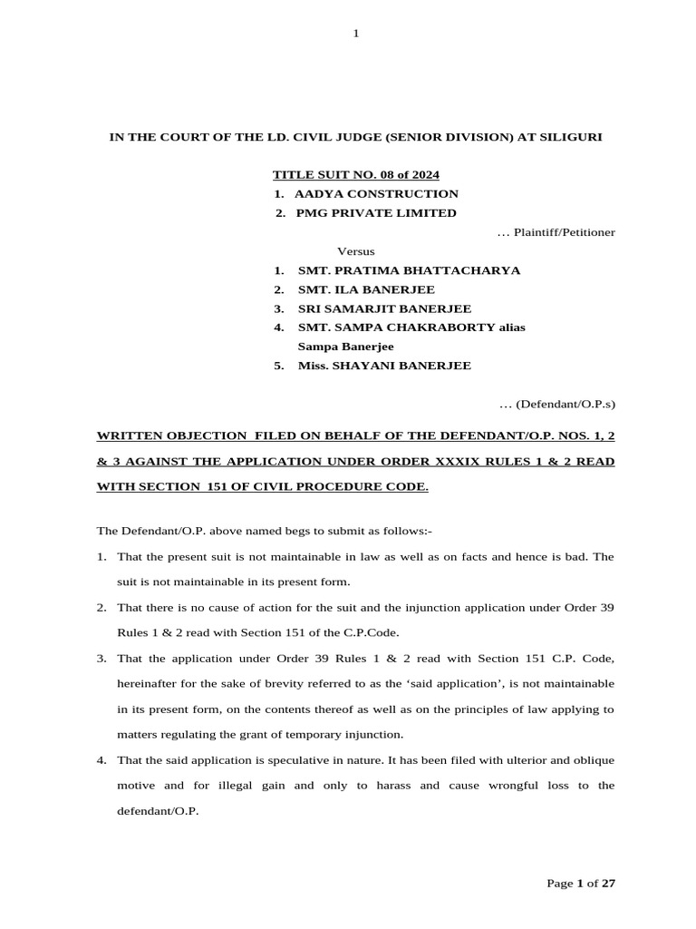 1) WRITTEN OBJECTION OF Title suit | PDF | Lawsuit | Deed