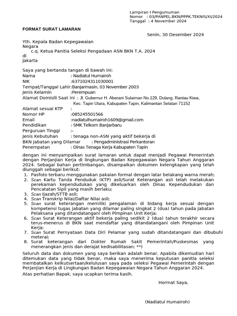 Lampiran I Format Surat Lamaran PPPK BKN 2024 | PDF