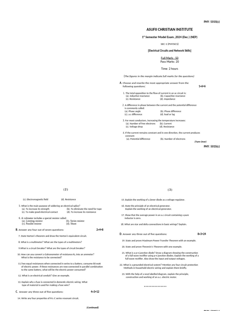 SEC-1 Model Exam2024 | PDF | Electrical Resistance And Conductance | Series And Parallel Circuits