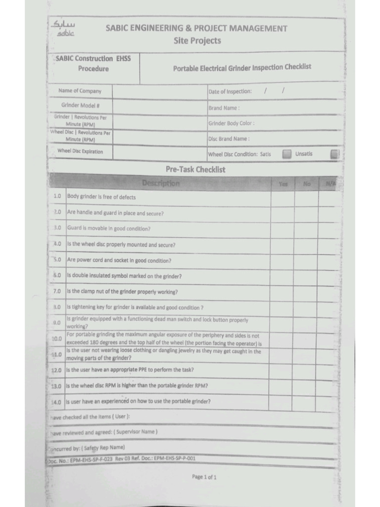 Grinder checklist | PDF
