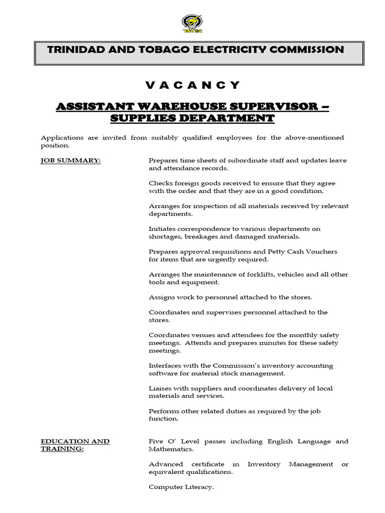 Assistant Warehouse Supervisor Vacancy | PDF | Warehouse | Business