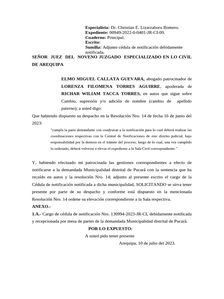 Adjunto Cédula de Notificación - Richar Tacca Torres. | PDF