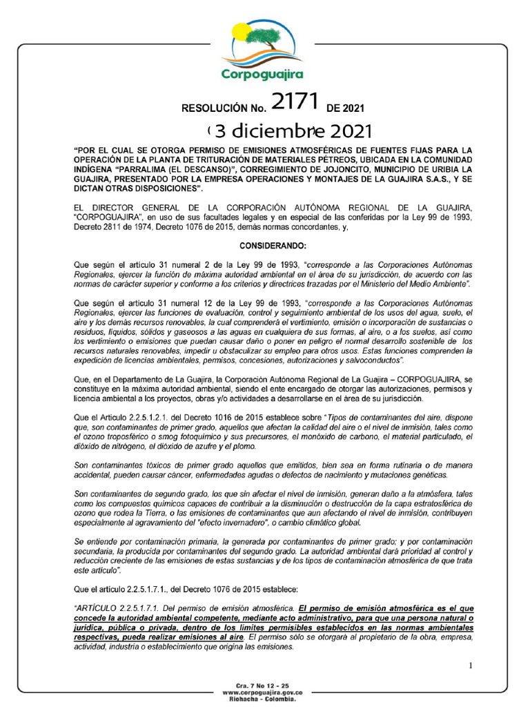 Resolucion No. 2171 Del 3 de Diciembre de 2021 Permiso de Emisiones OMG ...