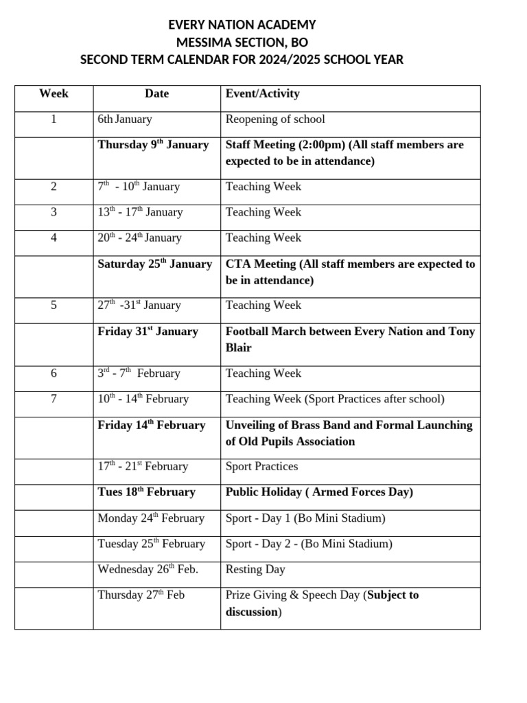Second_Term_Calendar 20245 Now (Autosaved) | PDF