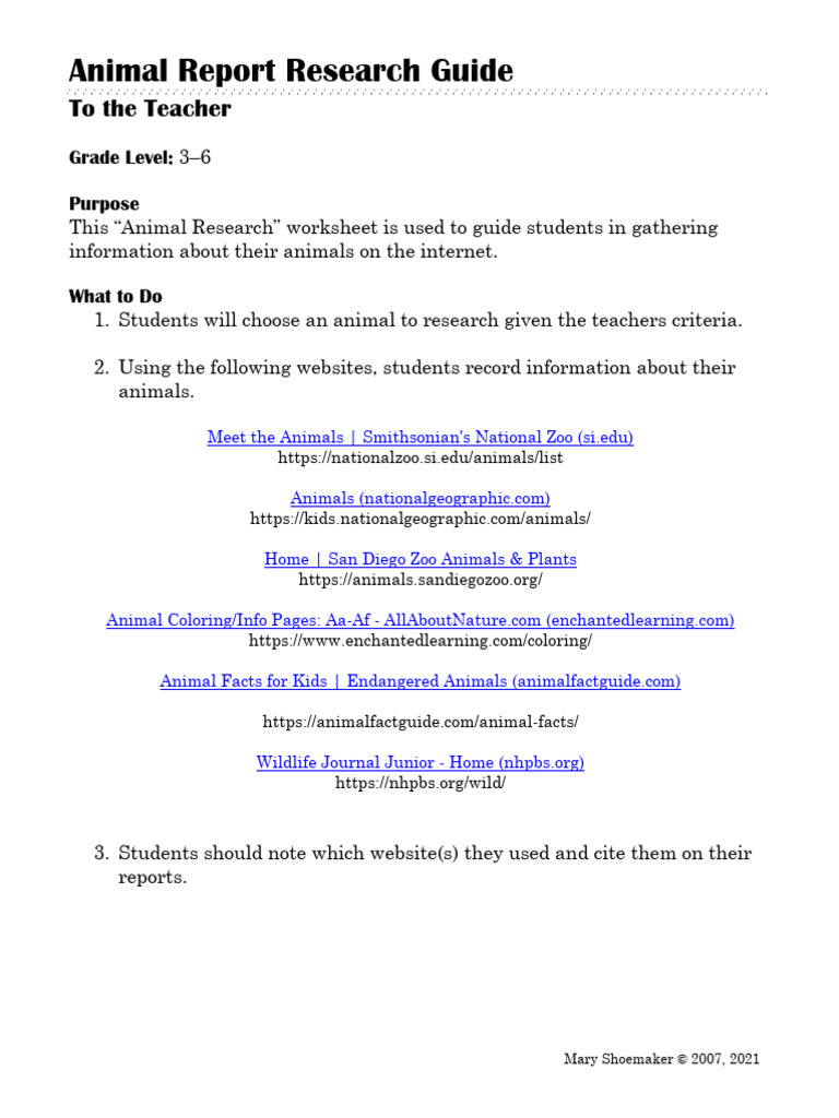 Animal Report Research Guide: To The Teacher | PDF | Zoology