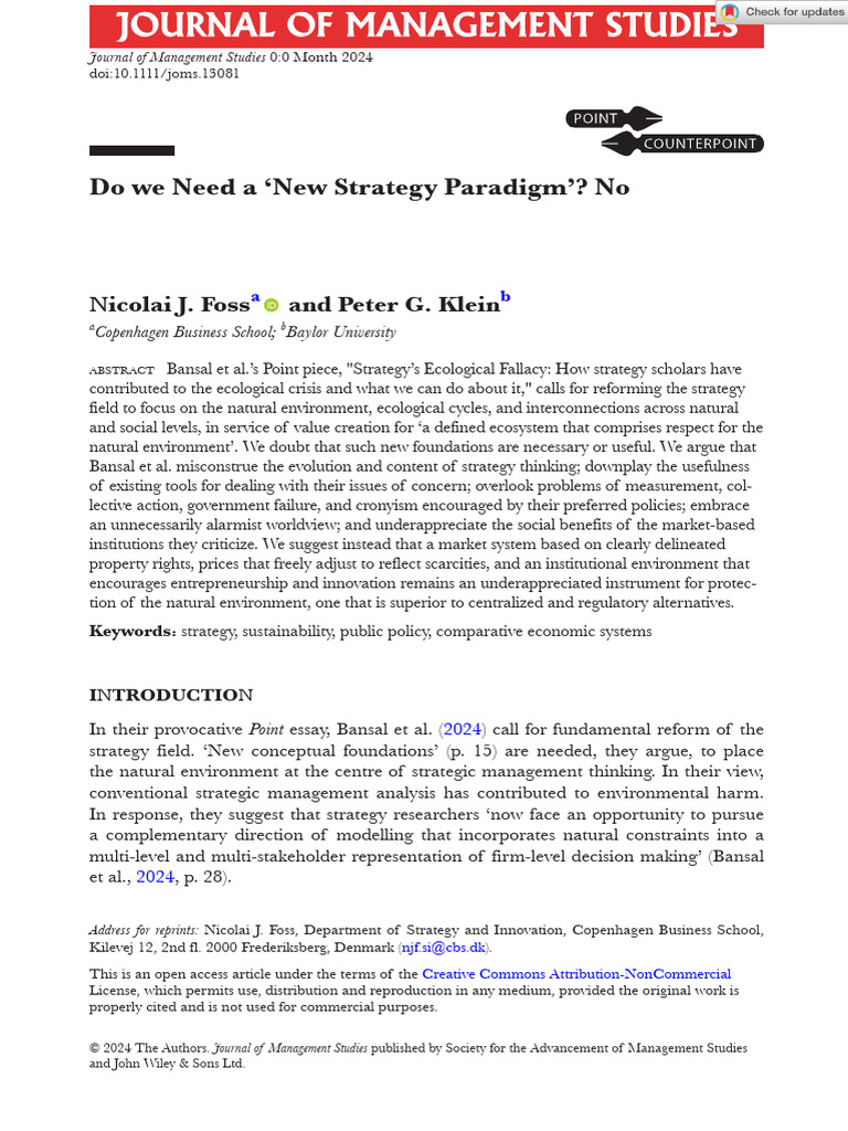 J Management Studies - 2024 - Foss - Do We Need A New Strategy Paradigm ...