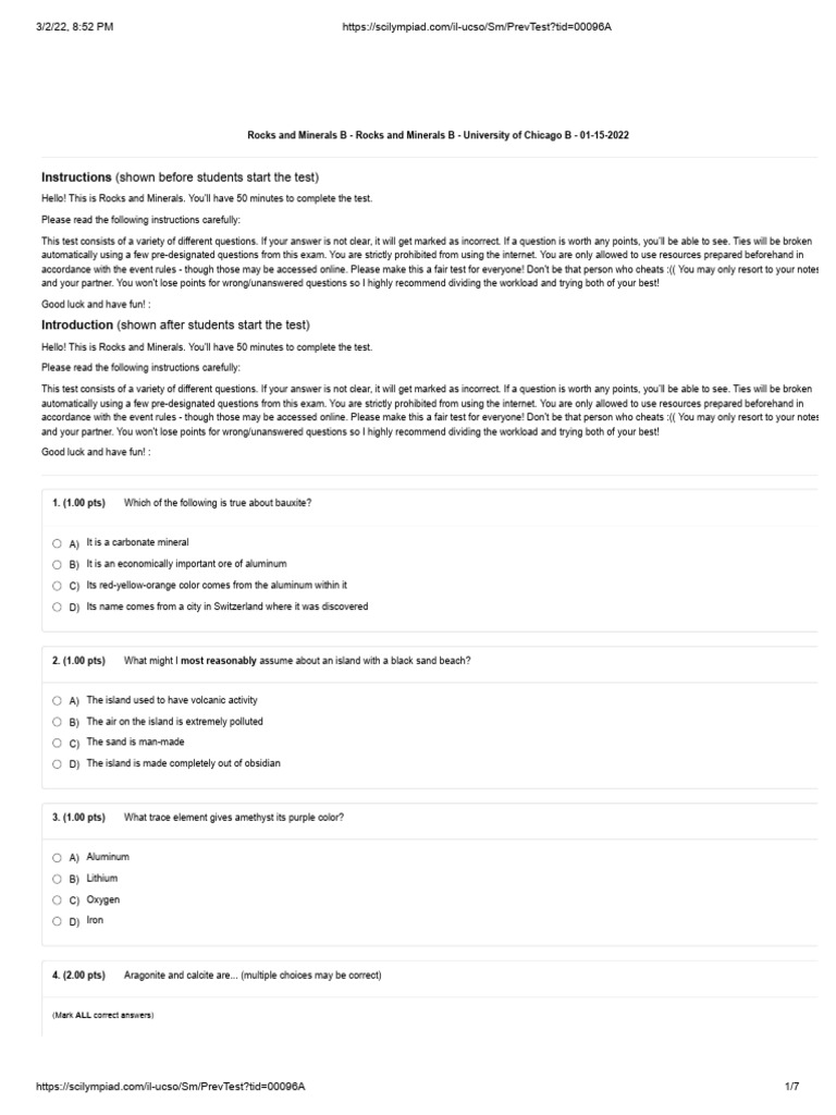 Rocks and Minerals TEST | PDF | Minerals | Rock (Geology)