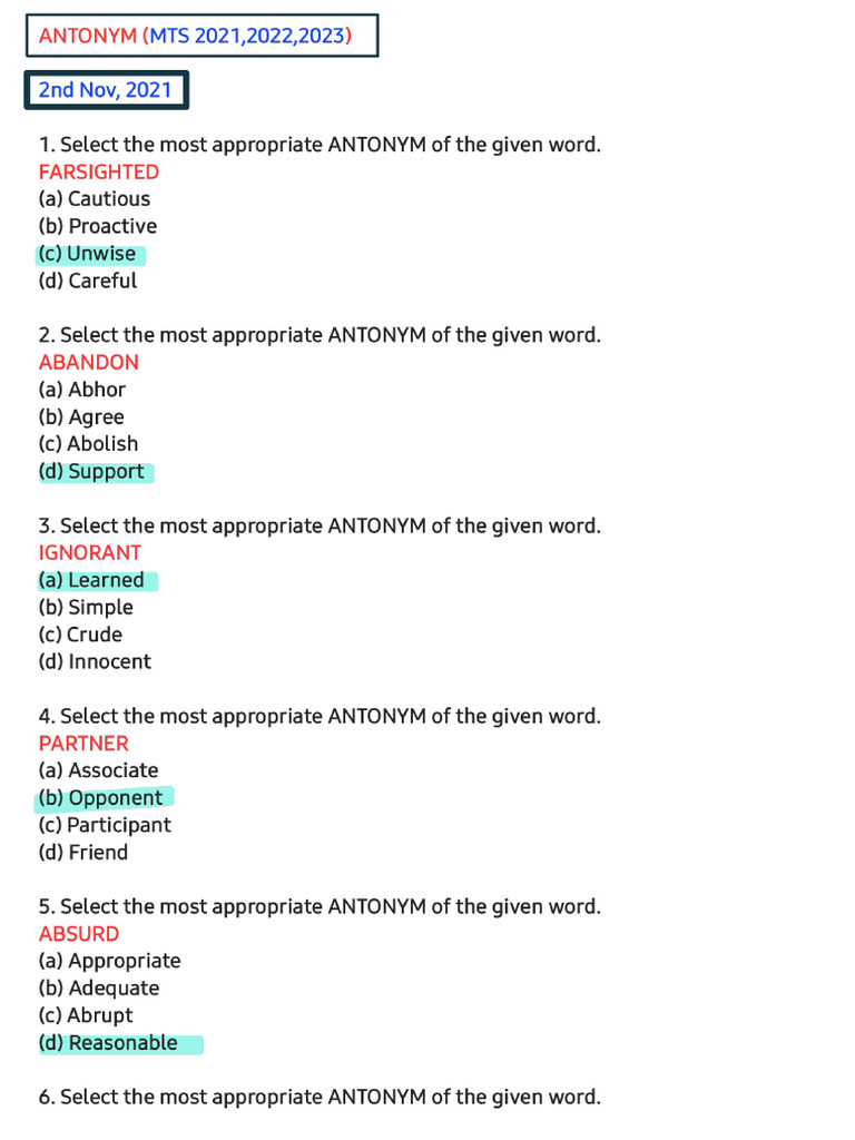 ALL ANTONYMS MTS(AnsKey) | PDF