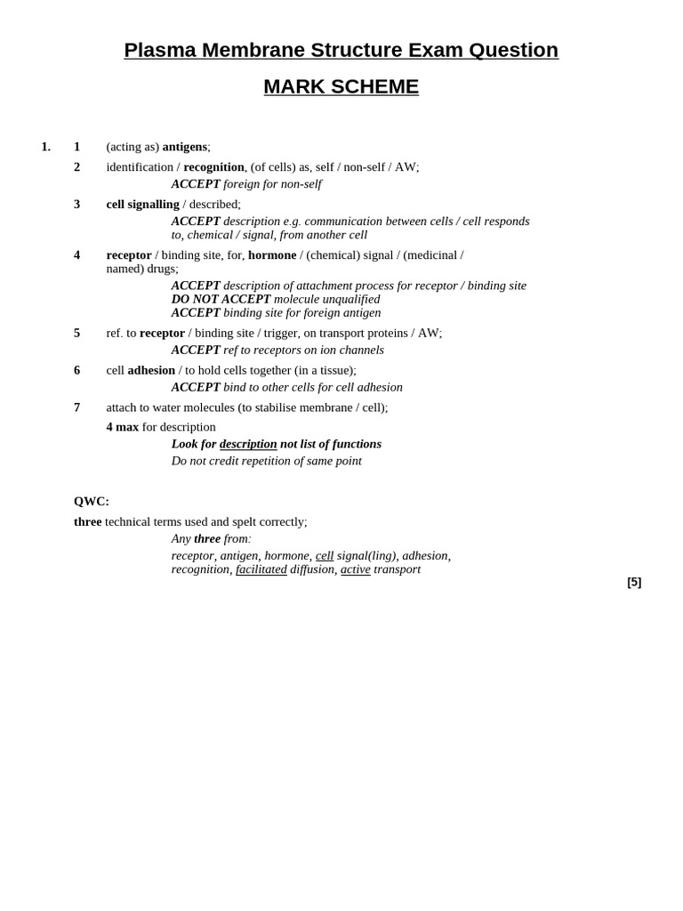 Plasma Membranes Exam Question Mark Scheme | PDF | Cell Membrane | Cell (Biology)