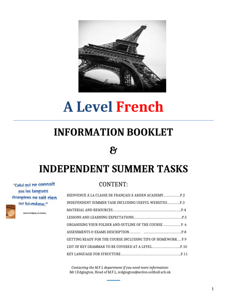 A Level French Booklet Independent Summer Tasks June 2019 | PDF ...