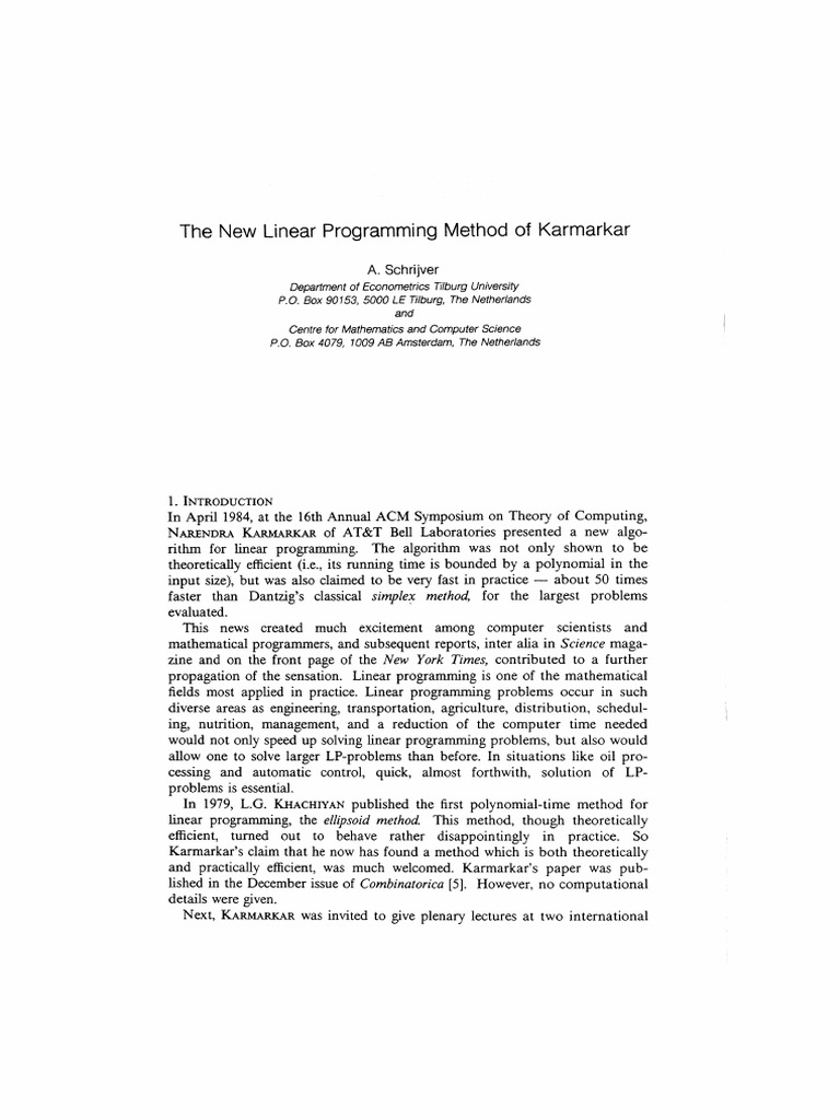 The New Linear Programming Method of Karmarkar: A. Schrijver | PDF | Linear Programming ...