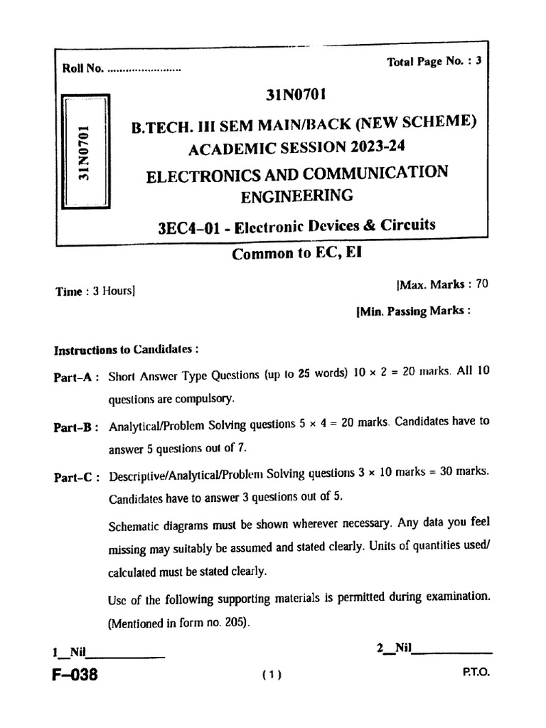 Btech Ec Ei 3 Sem Electronic Devices and Circuits 31n0701 2024 | PDF
