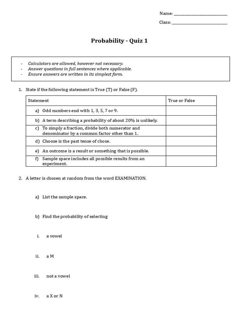 Probability Quiz for Students | PDF | Probability Theory