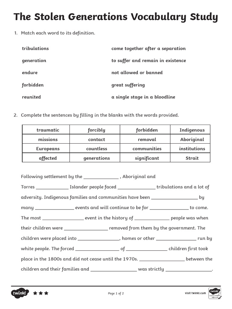 Stolen Generations Vocabulary Guide | PDF
