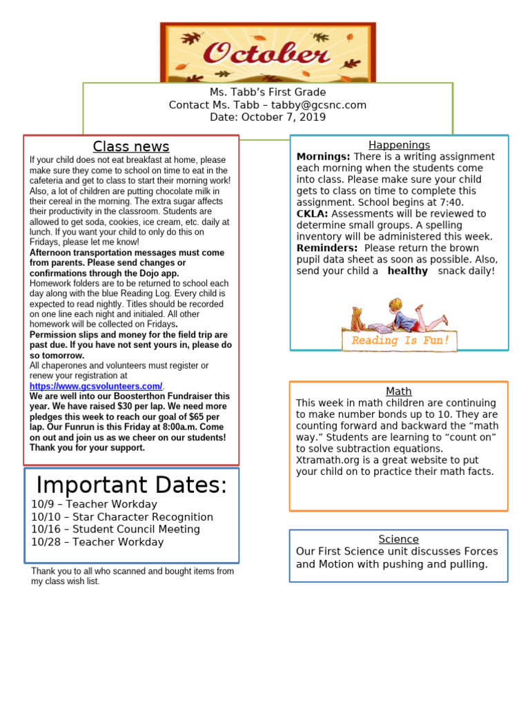 FSYcTIynQUagUiWwVtQ3 1st+Grade+Newsletter+10!7!19 | PDF