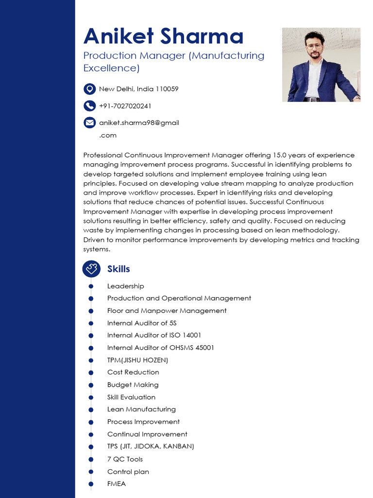 Aniket_Sharma_Resume_2 | PDF | Lean Manufacturing | Internal Audit