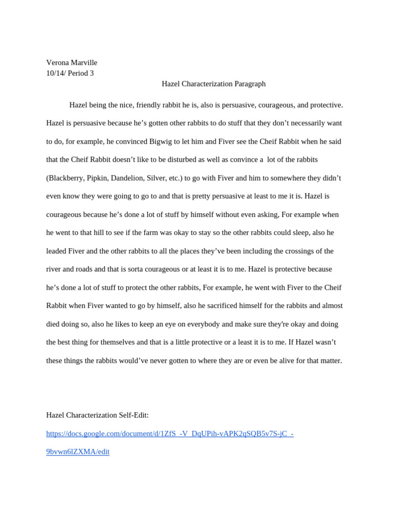 Hazel Characterization Paragraph | PDF