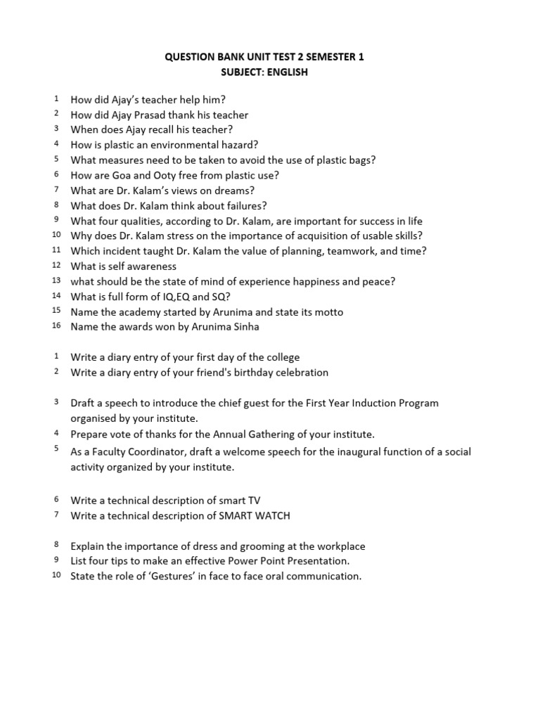 English Unit Test 2 Uestion Bank | PDF
