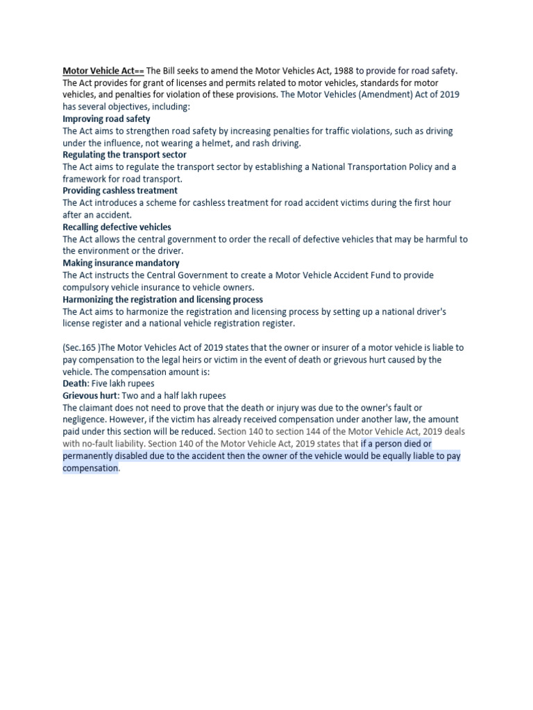 Motor Vehicle Act-2019 | PDF