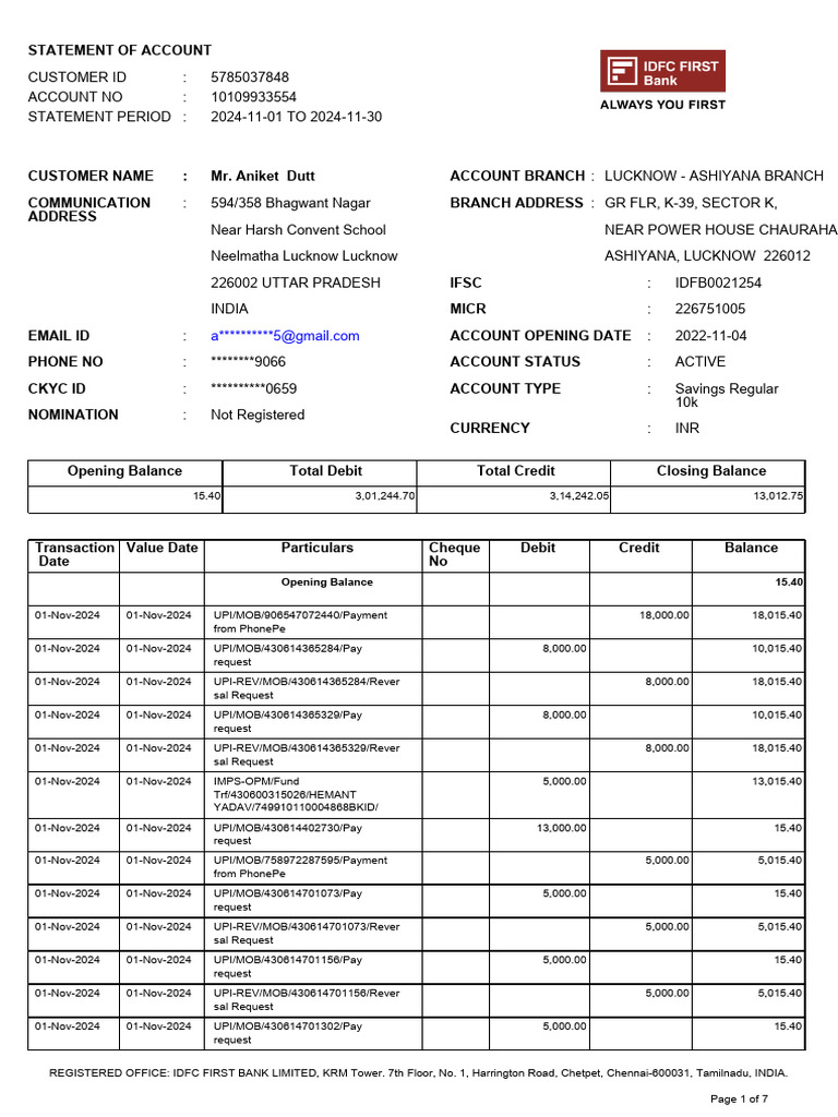 IDFCFIRSTBankstatement_10109933554 | PDF | Payments | Debit Card