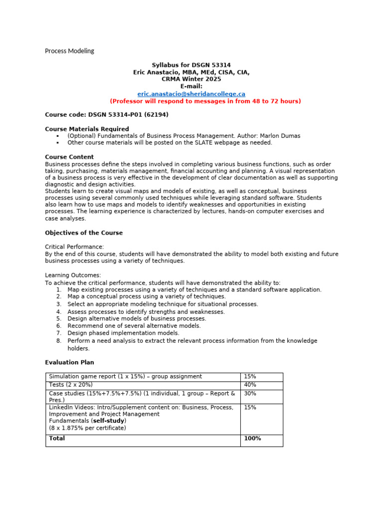 Detailed Course Outline Winter 2025 | PDF | Business Process | Simulation