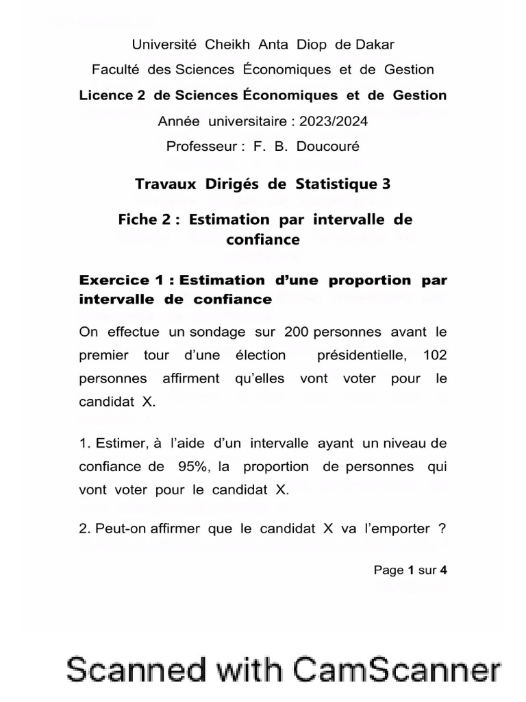 Fiche TD n° 2 Stat3 L2 SEM1 2023-2024 | PDF