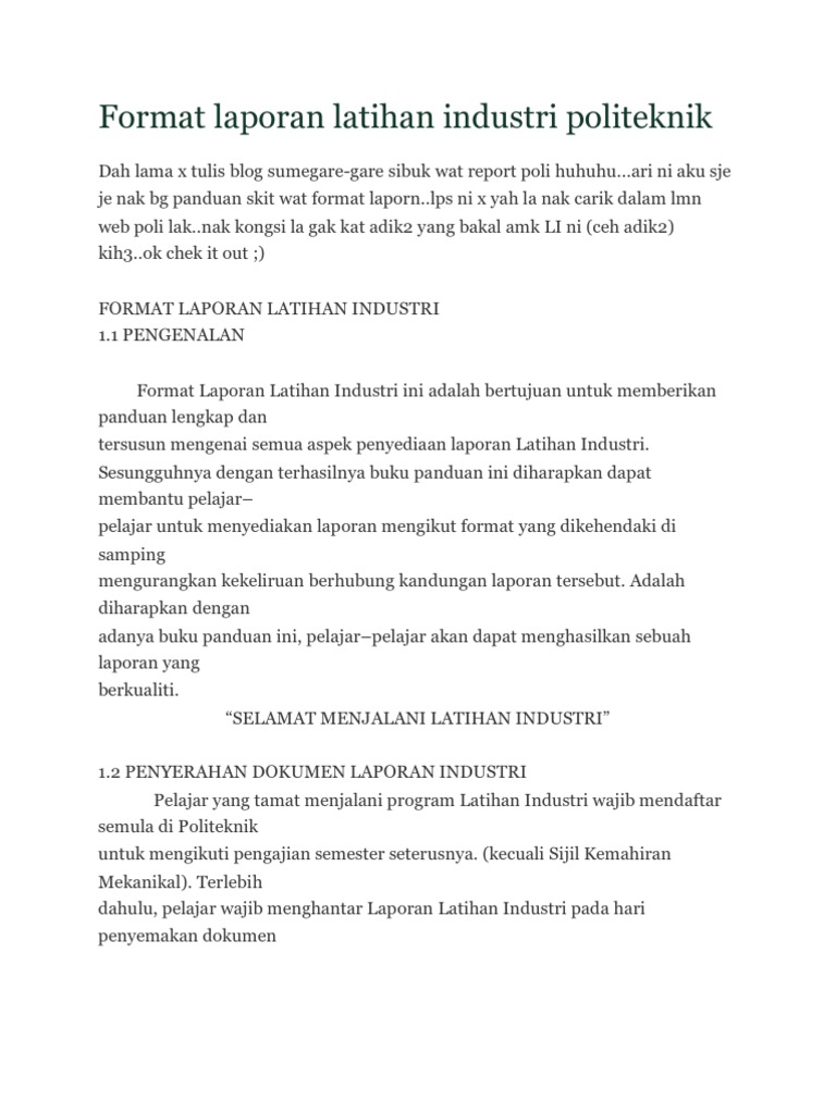 Format Laporan Latihan Industri Politeknik Malaysia | PDF
